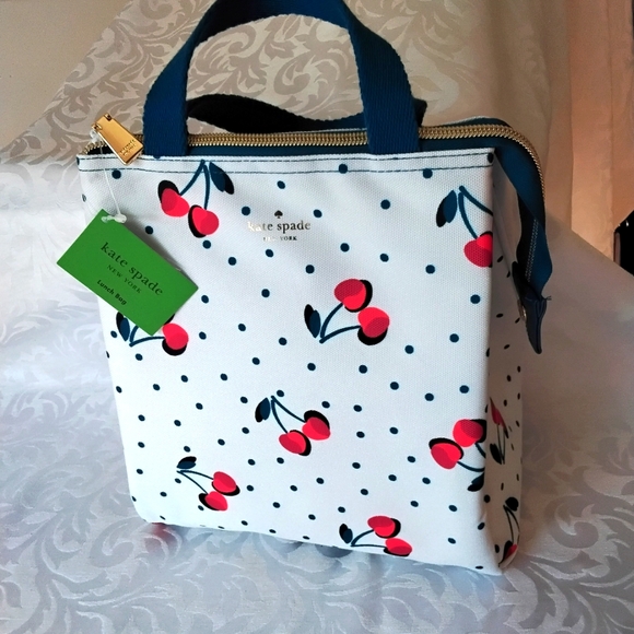 kate spade | Bags | Kate Spade Lunch Bag Blue Handle Cherry Print ...